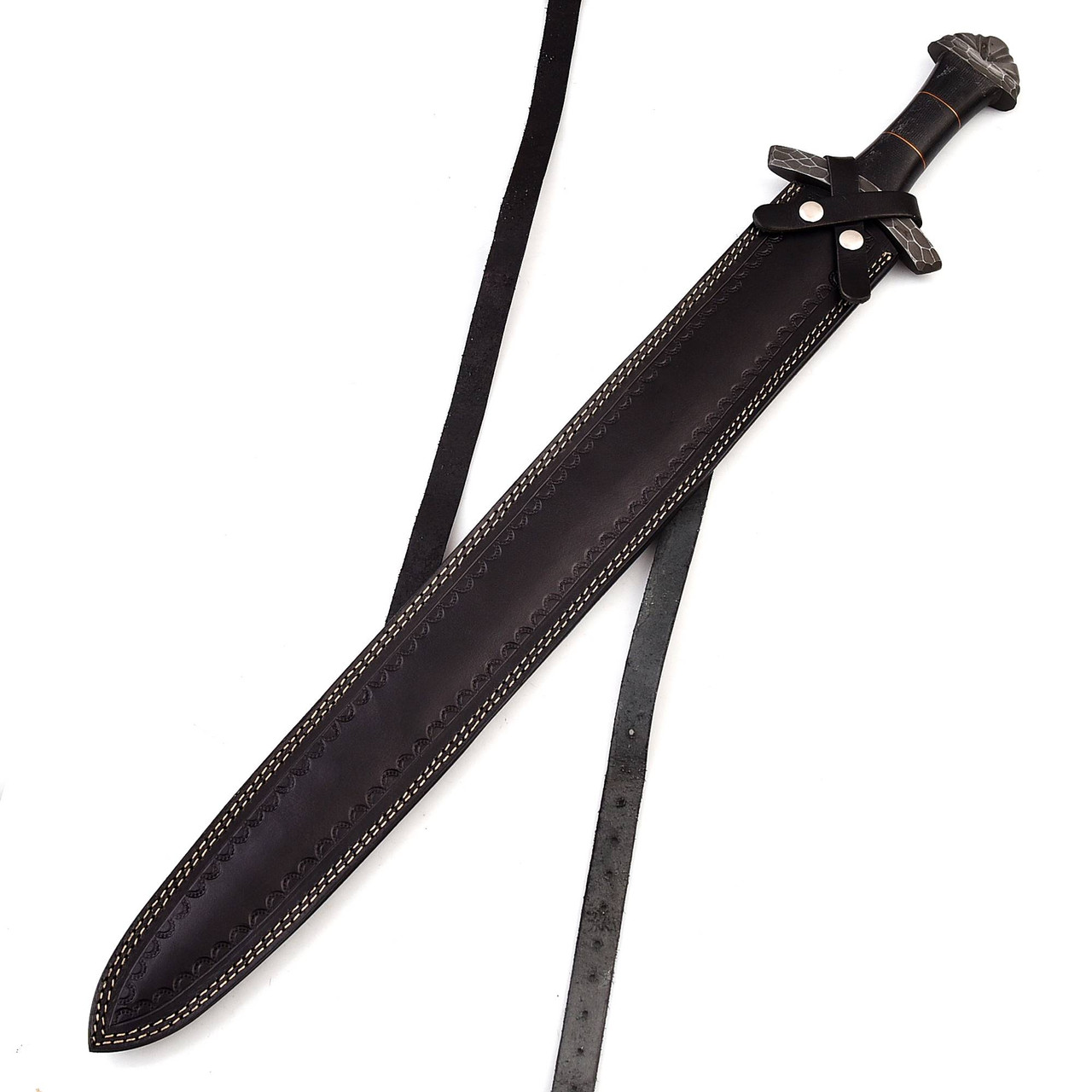Damascus Steel Sword with Fuller Blade – Compact Grip and Leather Sheath