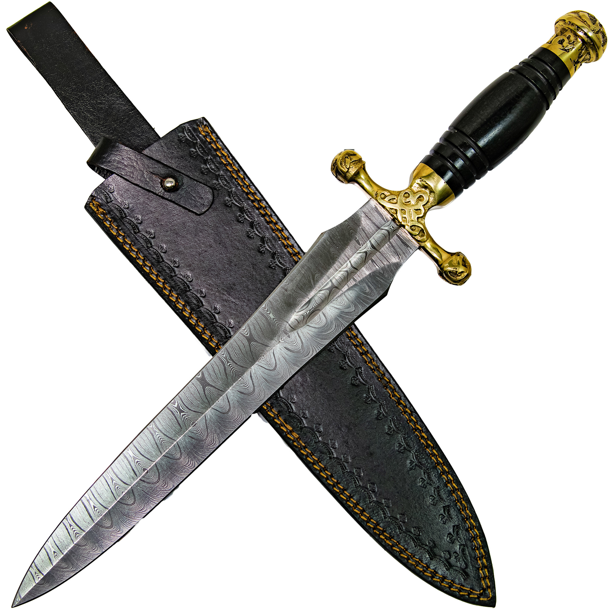 Arabian Nights Damascus Steel Dagger with Leather Sheath - SwordsSwords.com