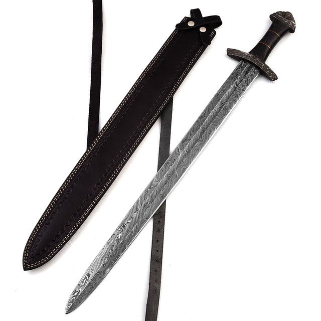 Damascus Steel Sword with Fuller Blade – Compact Grip and Leather Sheath