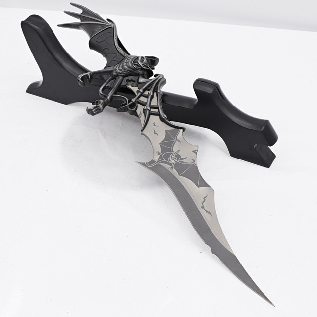 Ceremonial Bat Wing Fantasy Dagger with Etched Blade and Wood Display Stand