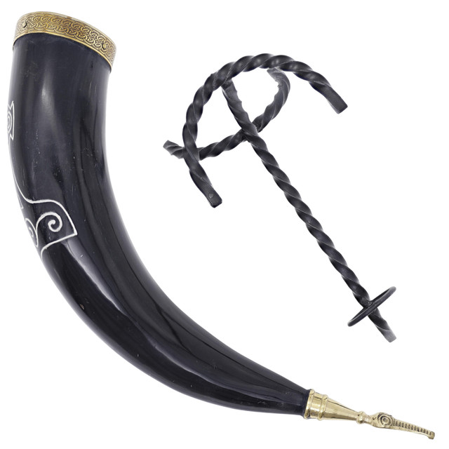 Viking Drinking Horn with Mjolnir Design & Hand-Forged Twisted Iron ...