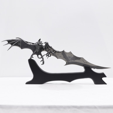Ceremonial Bat Wing Fantasy Dagger with Etched Blade and Wood Display Stand