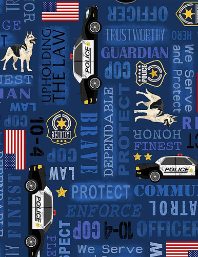 Timeless Treasures - Heros - (Police) - Words, Blue - Lancaster Home ...