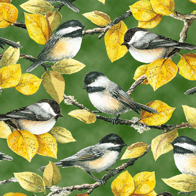 Quilting Treasures - Chickadees - Packed Chickadees, Green - Lancaster ...