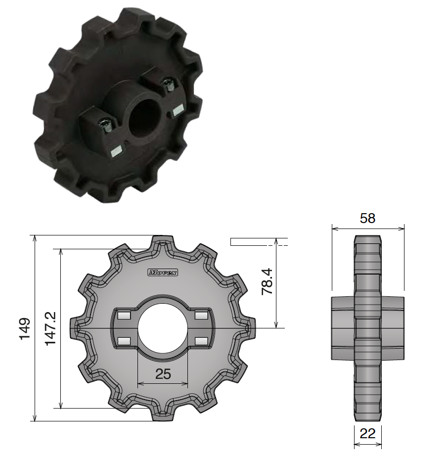 Molded Split Idler Sprocket For Chain 882, 12T, Ø25 Bore - Arnott Handling