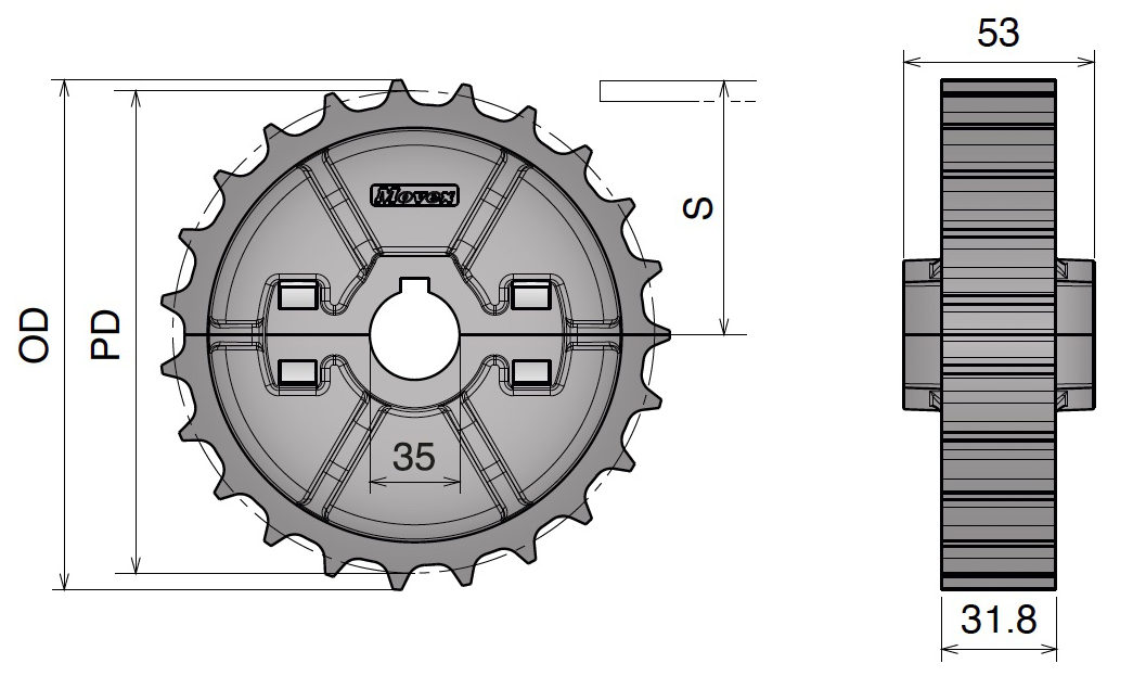 Molded Split Drive Sprocket For Chain 881, 25T, Ø35 - Arnott Handling