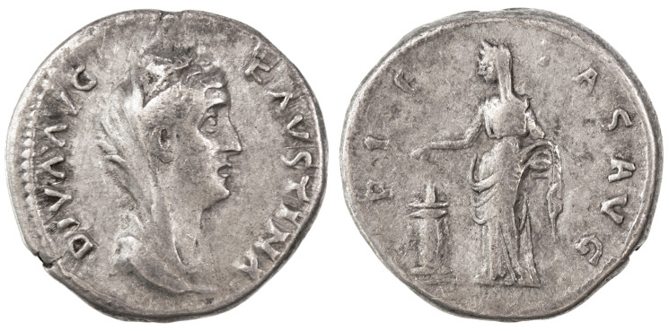 Faustina I Senior AR Denarius, Very Fine, RARE, After 141 C.E.