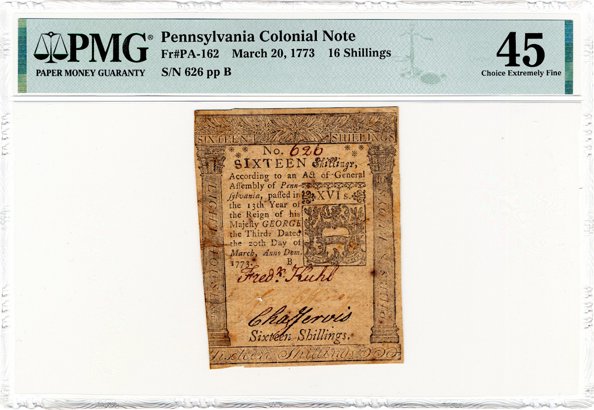 Colonial Note - Pennsylvania 16 Shillings, March 20, 1773, "Lighthouse ...