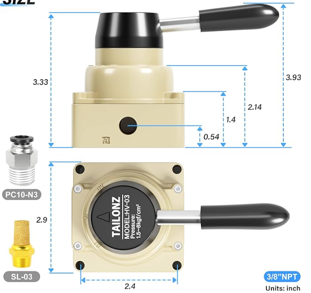 Tailonz HV-03 Rotary Lever Air Valve – 3/8″ NPT 3-Position 4-Way Control