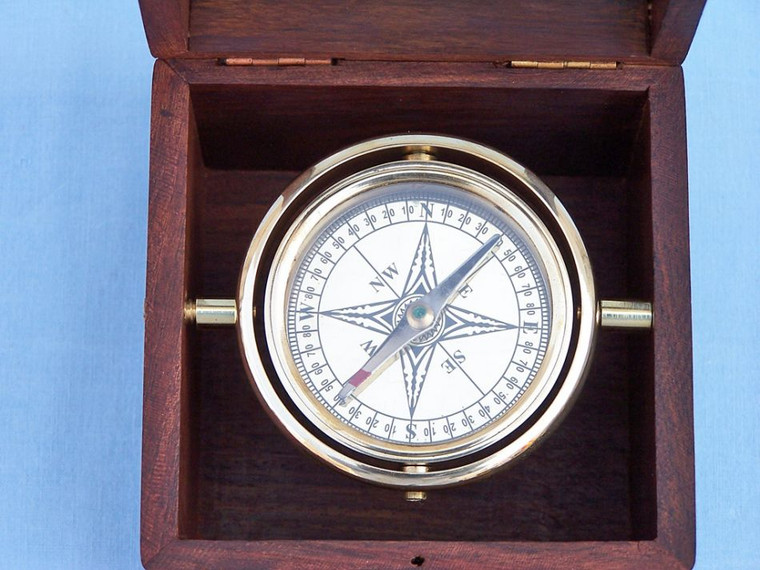 Solid Brass Lifeboat Compass w/ Rosewood Box 5" - Nautical Decor Unlimited