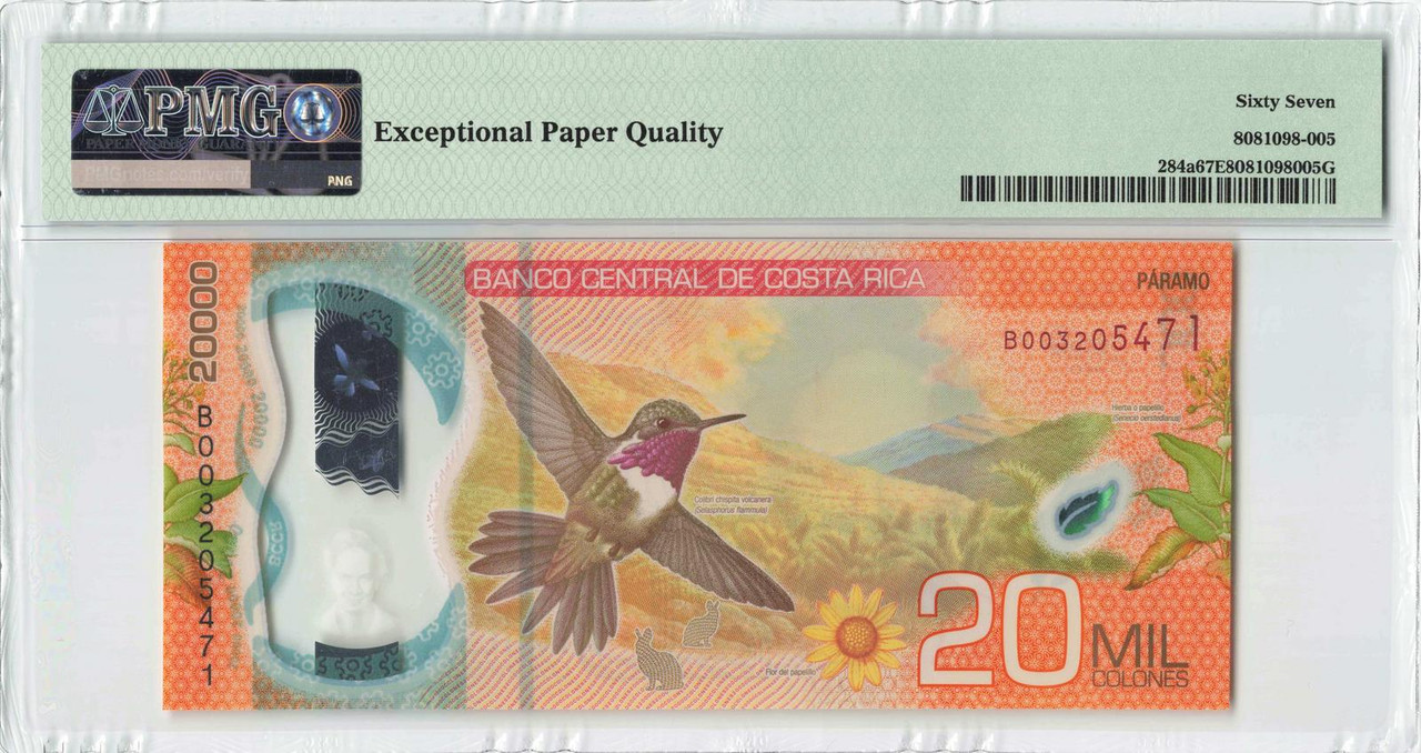 Costa Rica 2018 P-284a PMG 67 EPQ 20,000 Colones banknote