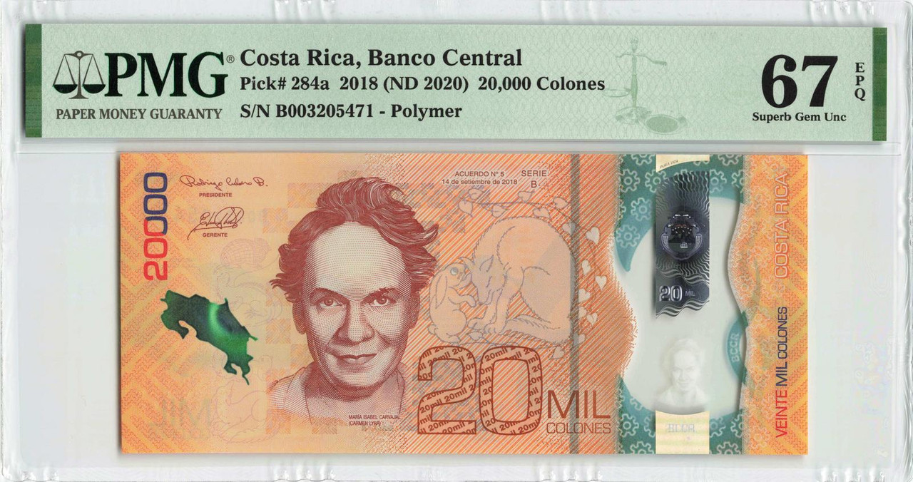Costa Rica 2018 P-284a PMG 67 EPQ 20,000 Colones banknote