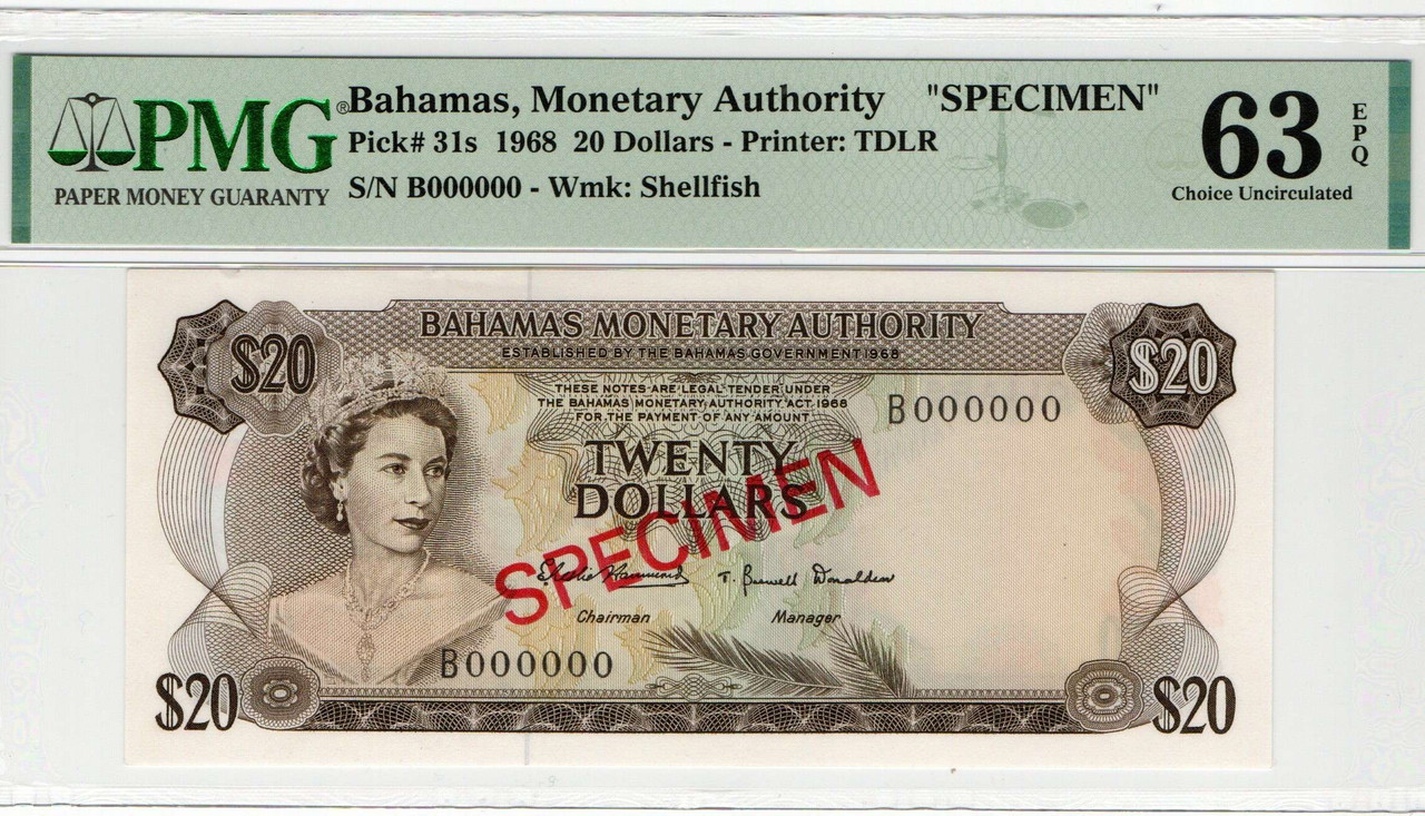 BAHAMAS SPECIMEN 20$ P31s BANKNOTE 1968 PMG 63 EPQ QEII