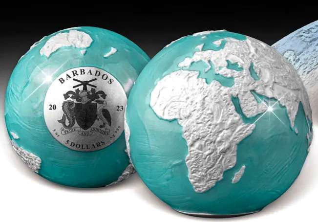 FROZEN MARBLE Planet Earth 3 Oz Silver Coin Barbados 2023