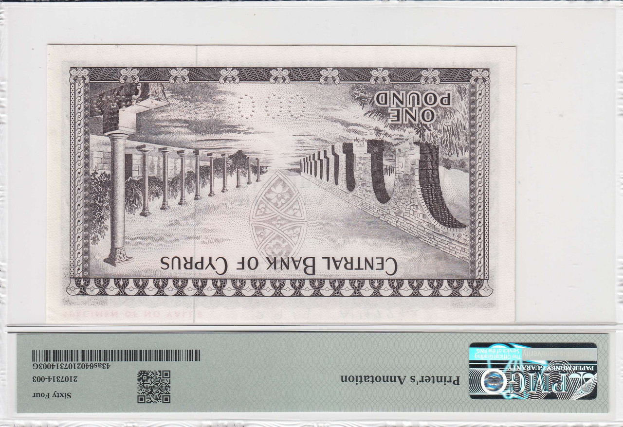 CYPRUS 1 POUNDS 1969 BANKNOTE RARE SPECIMEN P43as UNC PMG 64
