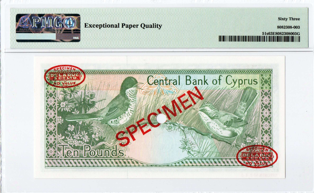 CYPRUS 10 POUNDS 1987-1988 SPECIMEN TDLR UNC PMG 63 EPQ p51S