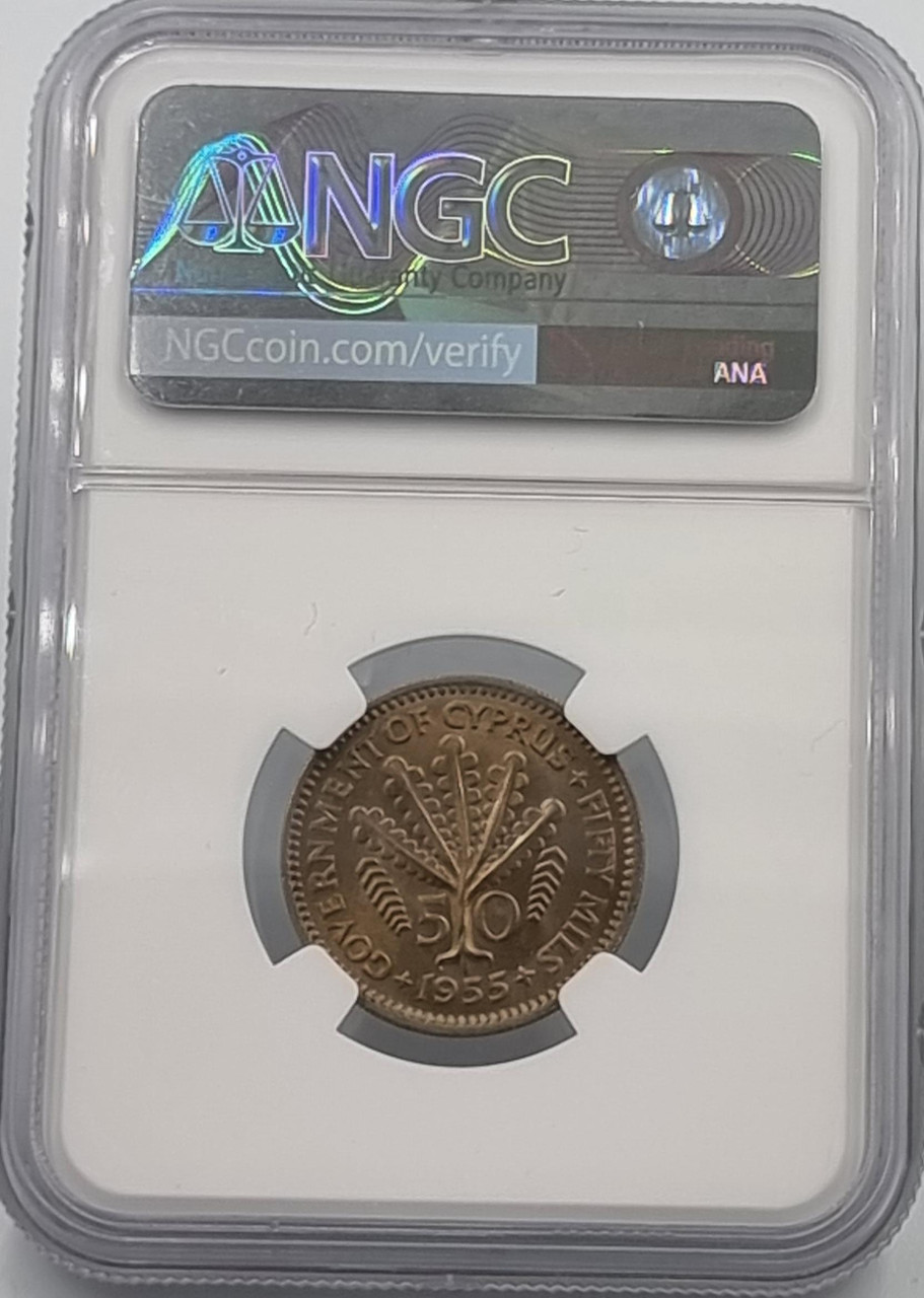 CYPRUS 50 MILS COIN 1955 UNC NGC MS67 POP1