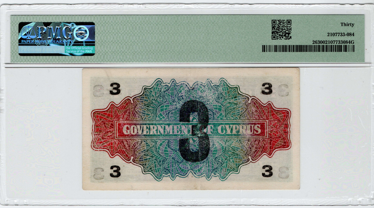 CYPRUS 3 PIASTRES BANKNOTE 1943 OVERPRINTED PMG 30 p26