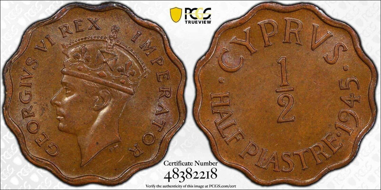 CYPRUS 1/2 PIASTRE 1945 COIN OF KGVI PCGS MS63BN
