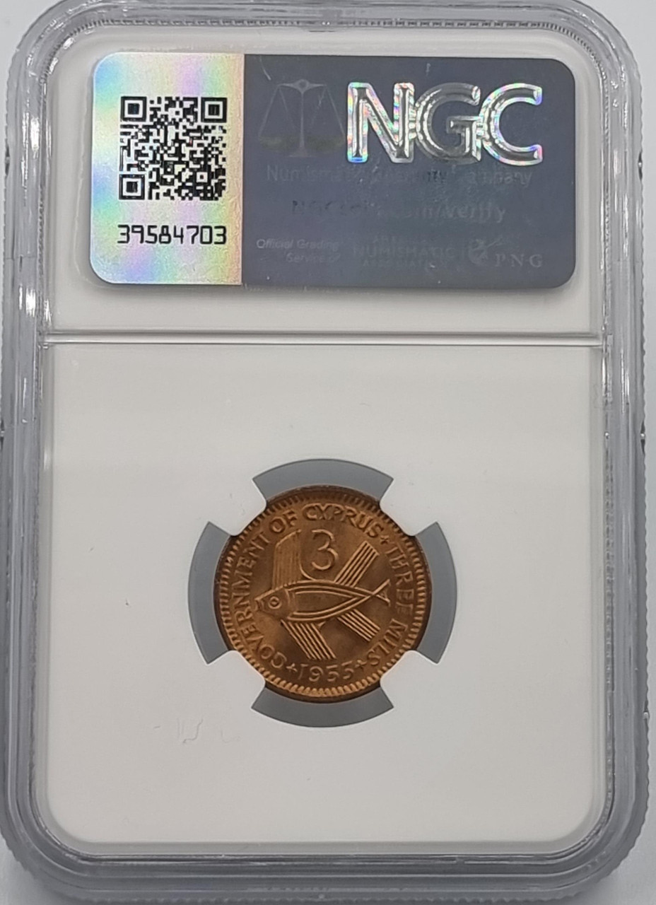 CYPRUS 3 MILS COIN 1955 GRADED NGC MS66 RD