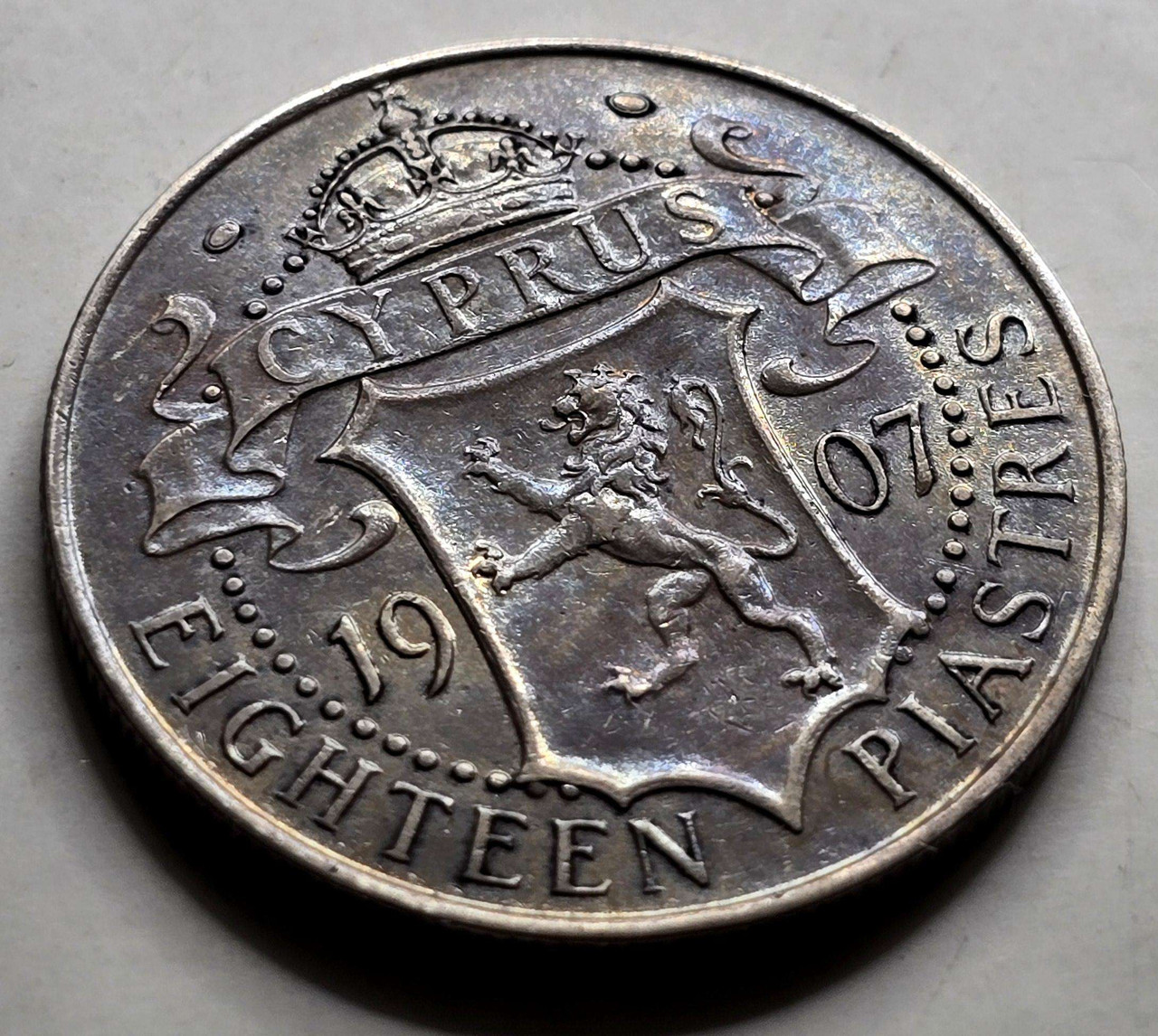 CYPRUS SILVER 18 PIASTRES 1907 KING EDWARD COIN AU+