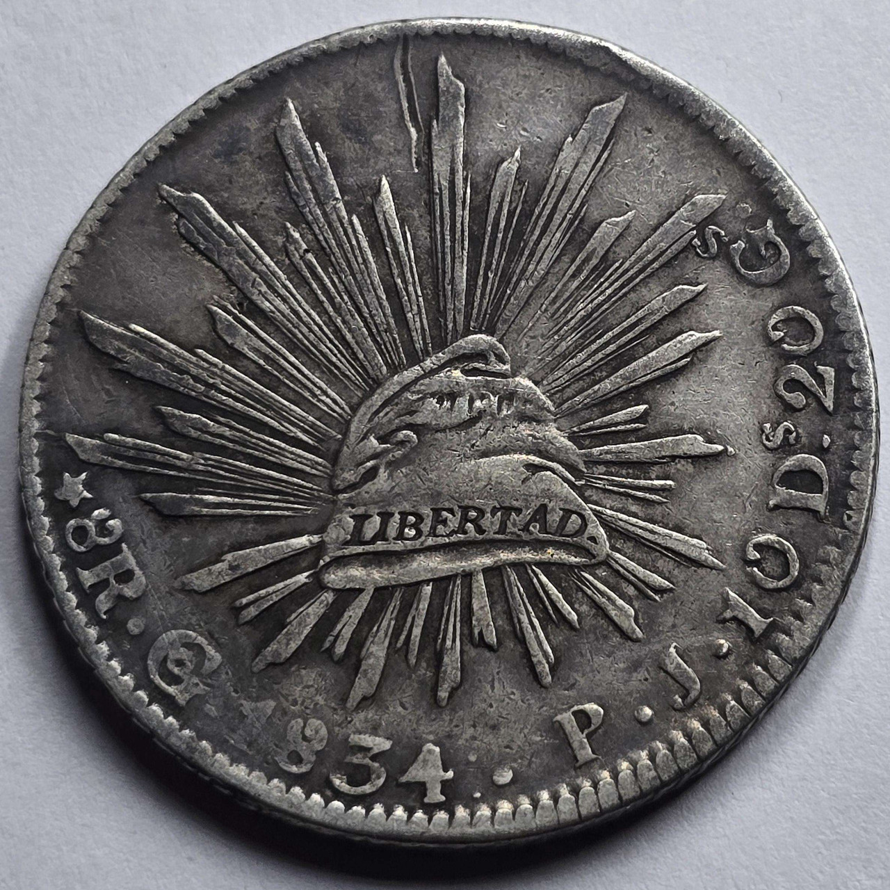 MEXICO 8 REALES SILVER COIN 1834 LIPERTAD EAGLE