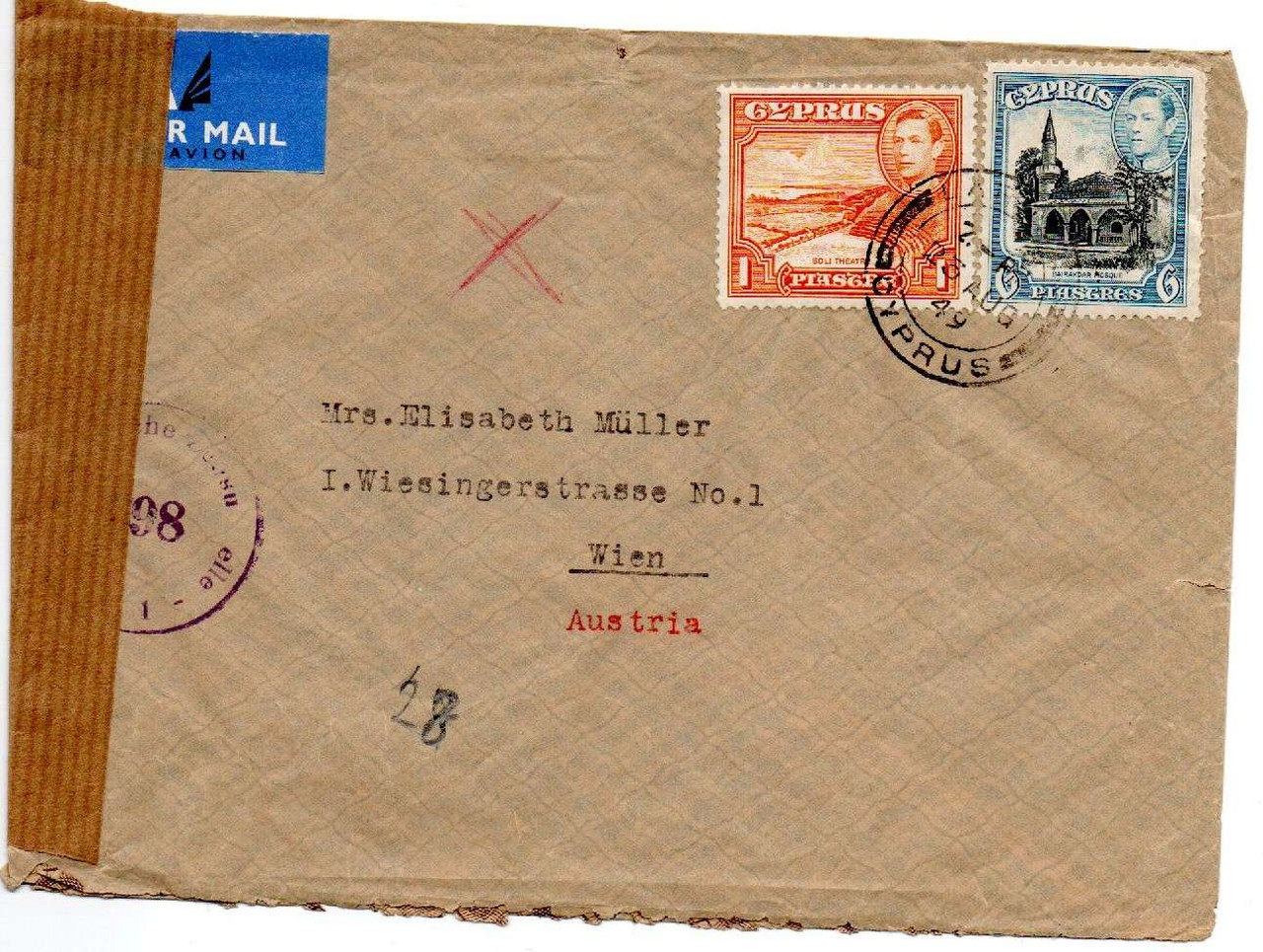 CYPRUS POSTAL HISTORY 1949 OPEN BY WIEN CENSOR 98 TO AUSTRIA