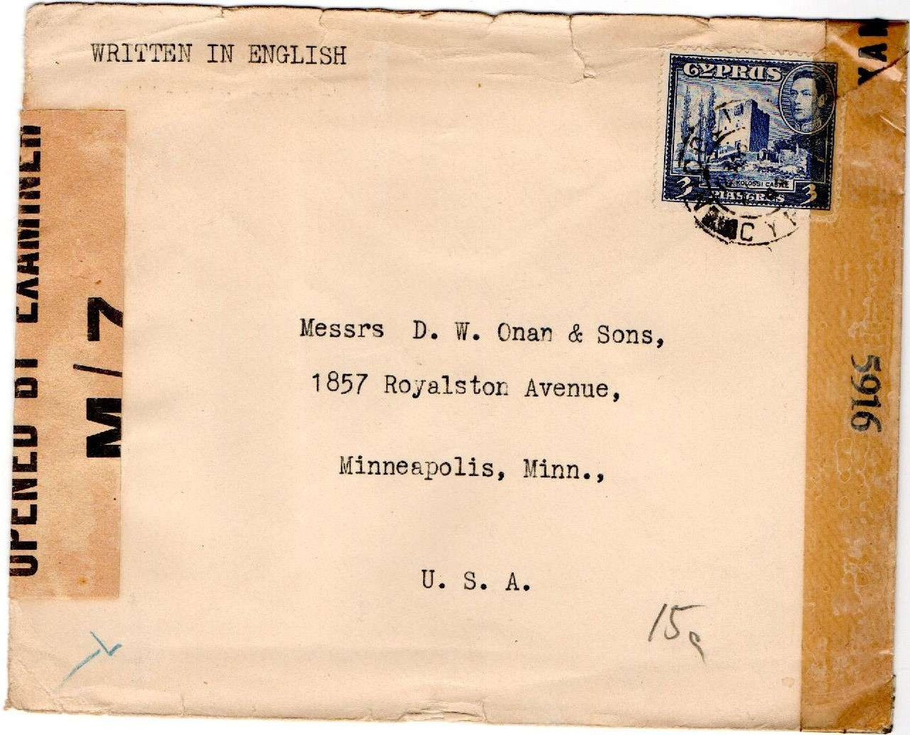 CYPRUS POSTAL HISTORY 1942 BY EXAMINER CENSOR M/7 TO USA
