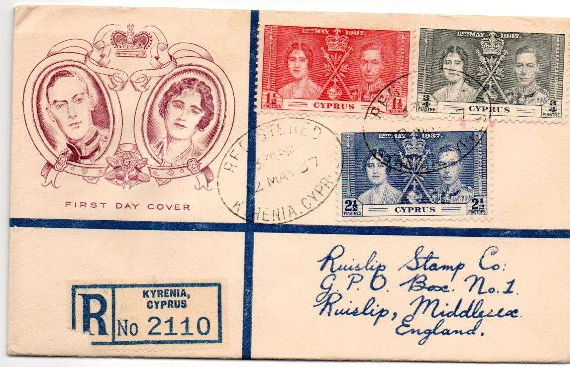 CYPRUS POSTAL HISTORY 1937 REGISTERED LETTER FDC KERYNIA