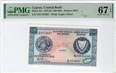 CYPRUS 250 MILS 1982 BANKNOTE P41c PMG 67 EPQ