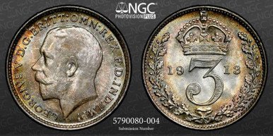 UK GREAT BRITAIN SILVER 3 PENCE 1913 NGC MS 67 POP 1