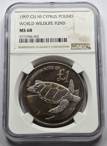 CYPRUS 1997 1 POUND COIN WWF TURTLE CUNI NGC MS68