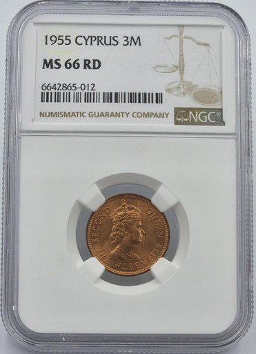 CYPRUS 3 MILS COIN 1955 GRADED NGC MS66 RD
