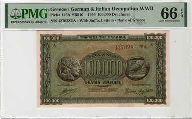 GREECE 1944 100,000 DRACHMAI WWII UNC P125b PMG 66 EPQ