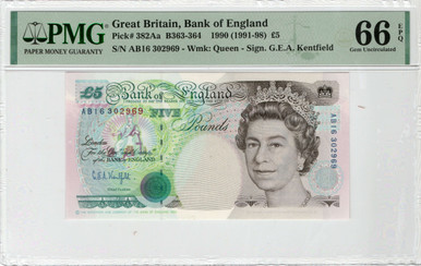 GREAT BRITAIN 5 POUND 1990 P382a BANKNOTE QEII PMG 66 EPQ