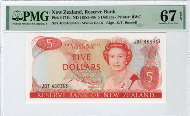 NEW ZEALAND 5 DOLLAR P171b 1985-89 BANKNOTE QEII PMG 67 EPQ
