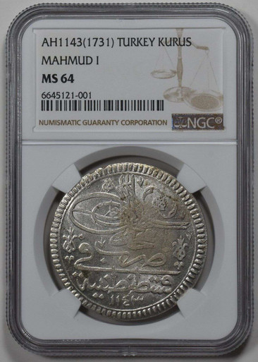OTTOMAN TURKEY 1 KURUS COIN 1143 (1731) NGC MS64 POP1