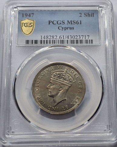 CYPRUS 2 SHILLINGS COIN 1947 UNC KGVI PCGS MS61