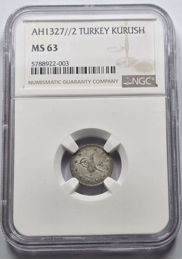 OTTOMAN TURKEY KURUS COIN 1327 2 Mehmed V 1910 NGC MS63