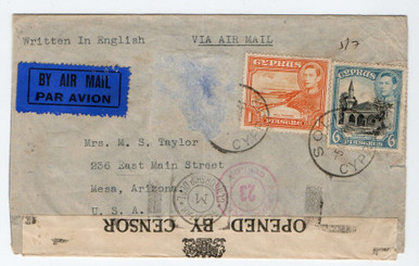 CYPRUS POSTAL HISTORY - KGVI 1941 CENSORED PASSED CENSOR 23 COVER AIRMAIL
