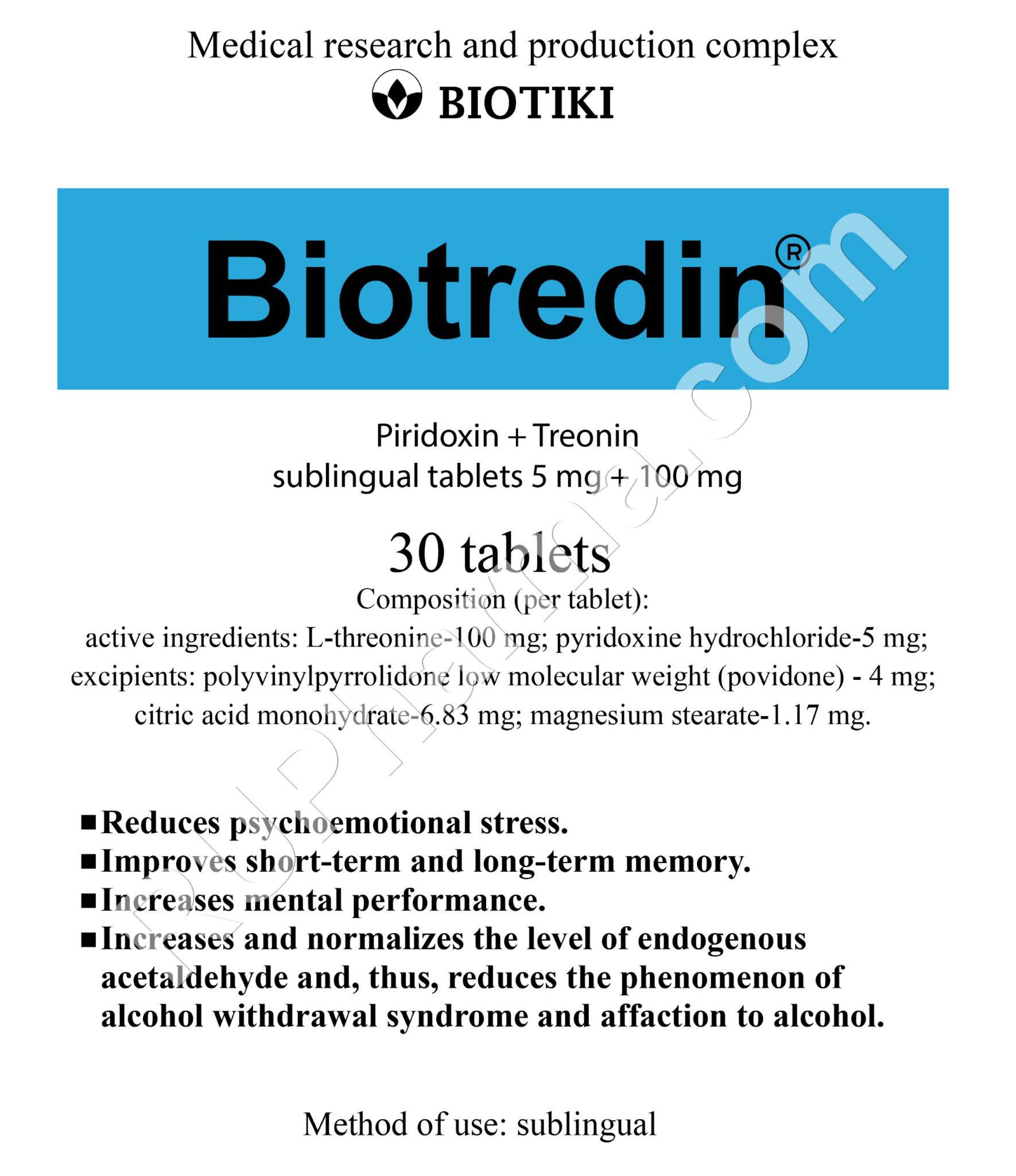 Buy BIOTREDIN (L-Threonine + Pyridoxine Vitamin B6), 105mg/tab, 30tabs/pack