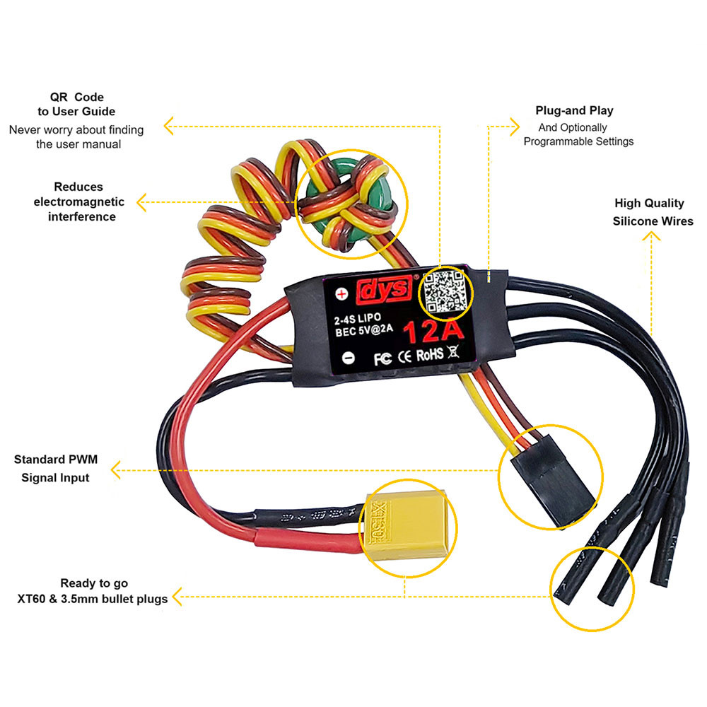DYS-12A Brushless Motor Controller | 12A ESC for RC Aircraft & Drones