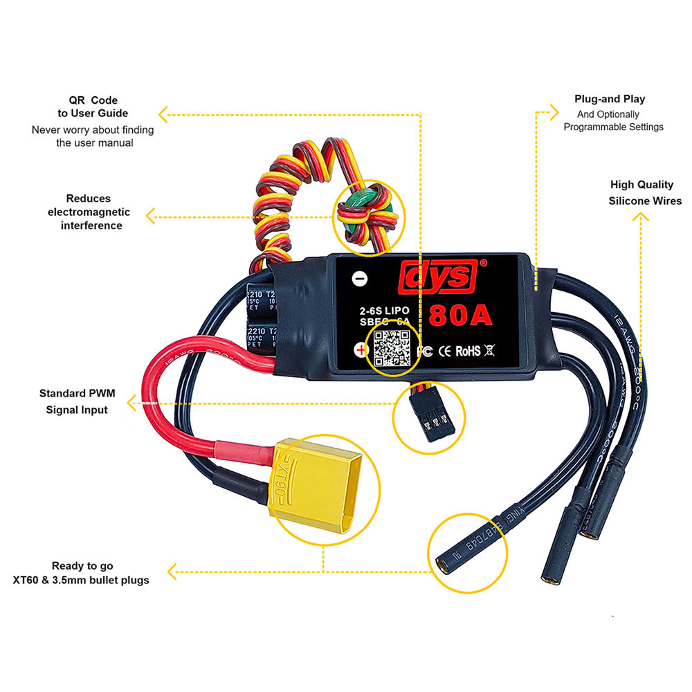 DYS-80A Brushless Motor Controller | 80A High-Power ESC for RC Aircraft ...