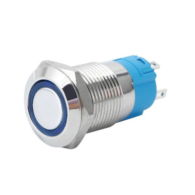 12mm Metal Push Button Switch Anti Vandal Latching Ring LED Blue 4 Pin | Evelta
