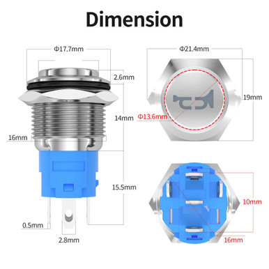 16MM 5PIN Horn Push Button Switch – Momentary, Panel Mount, NO/NC for ...