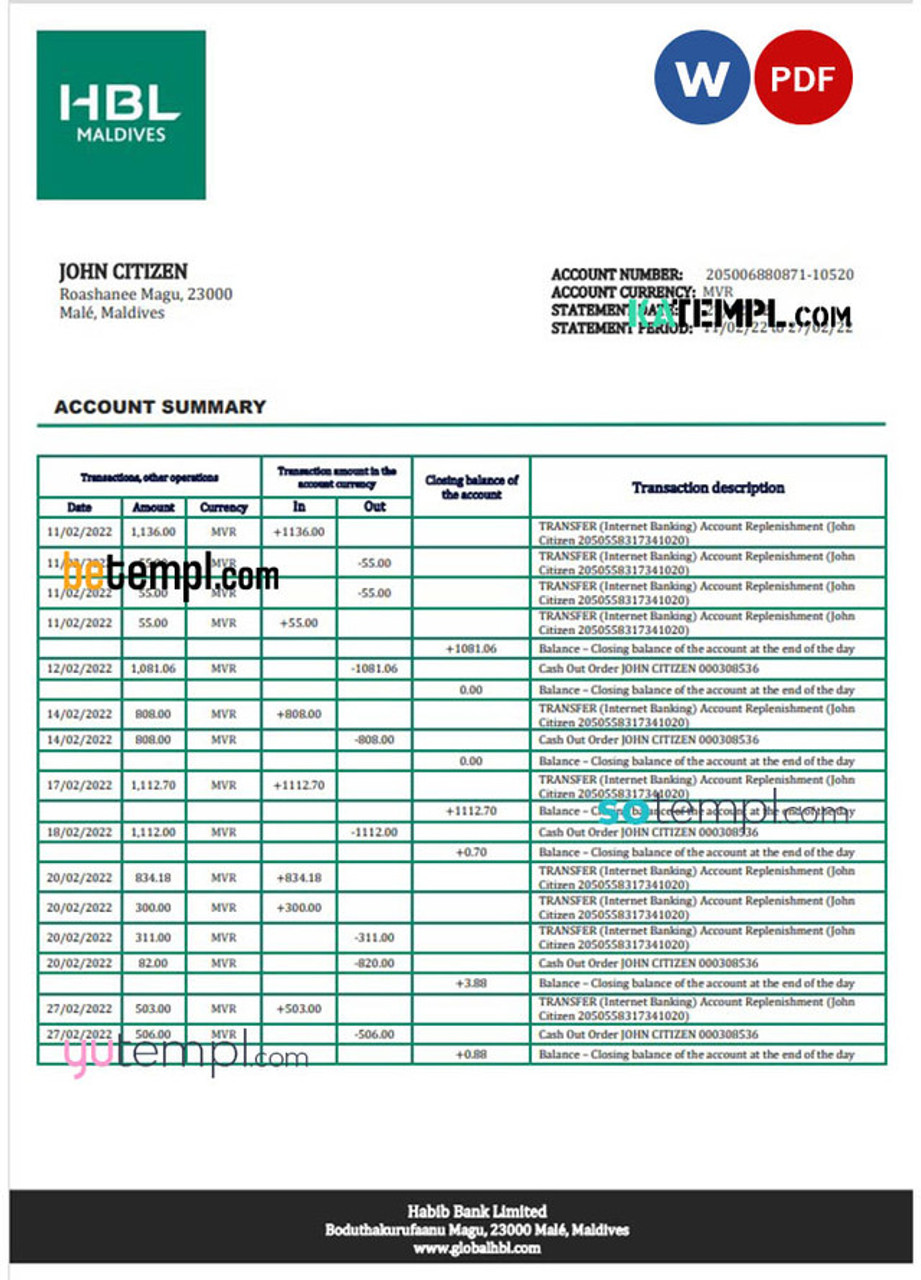 Maldives HBL bank statement template in Word and PDF format