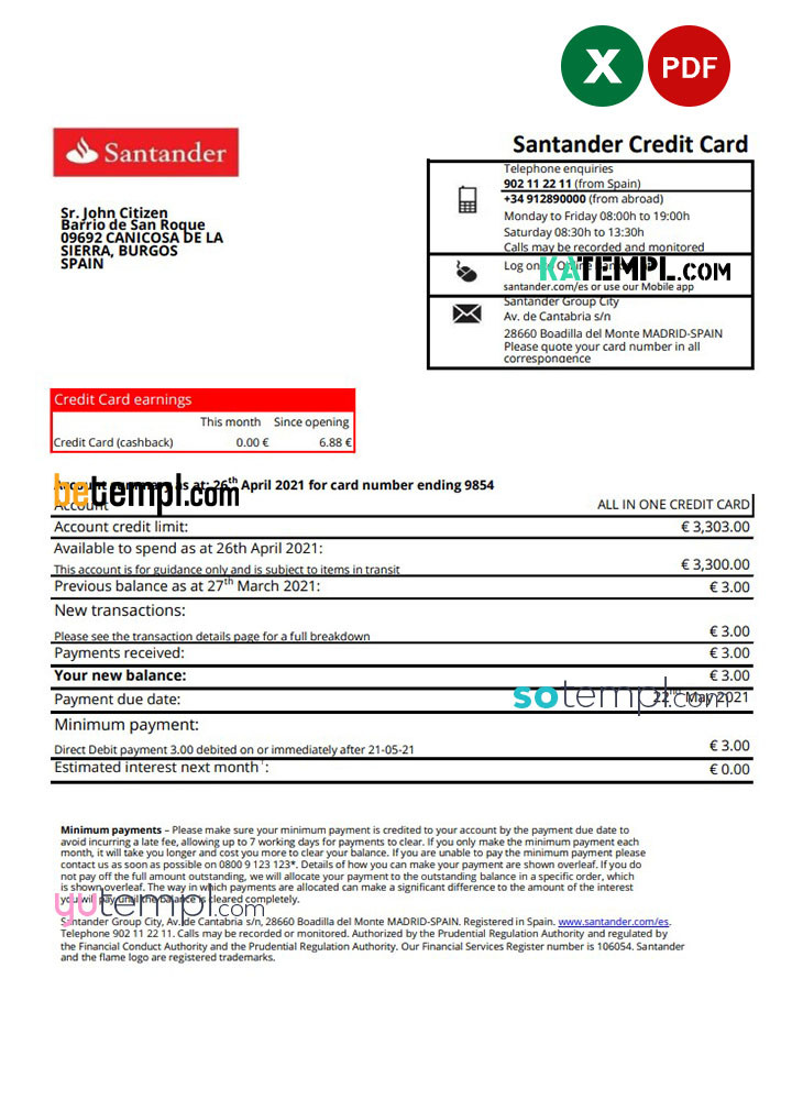 Spain Santander credit card proof of address bank statement in Excel ...