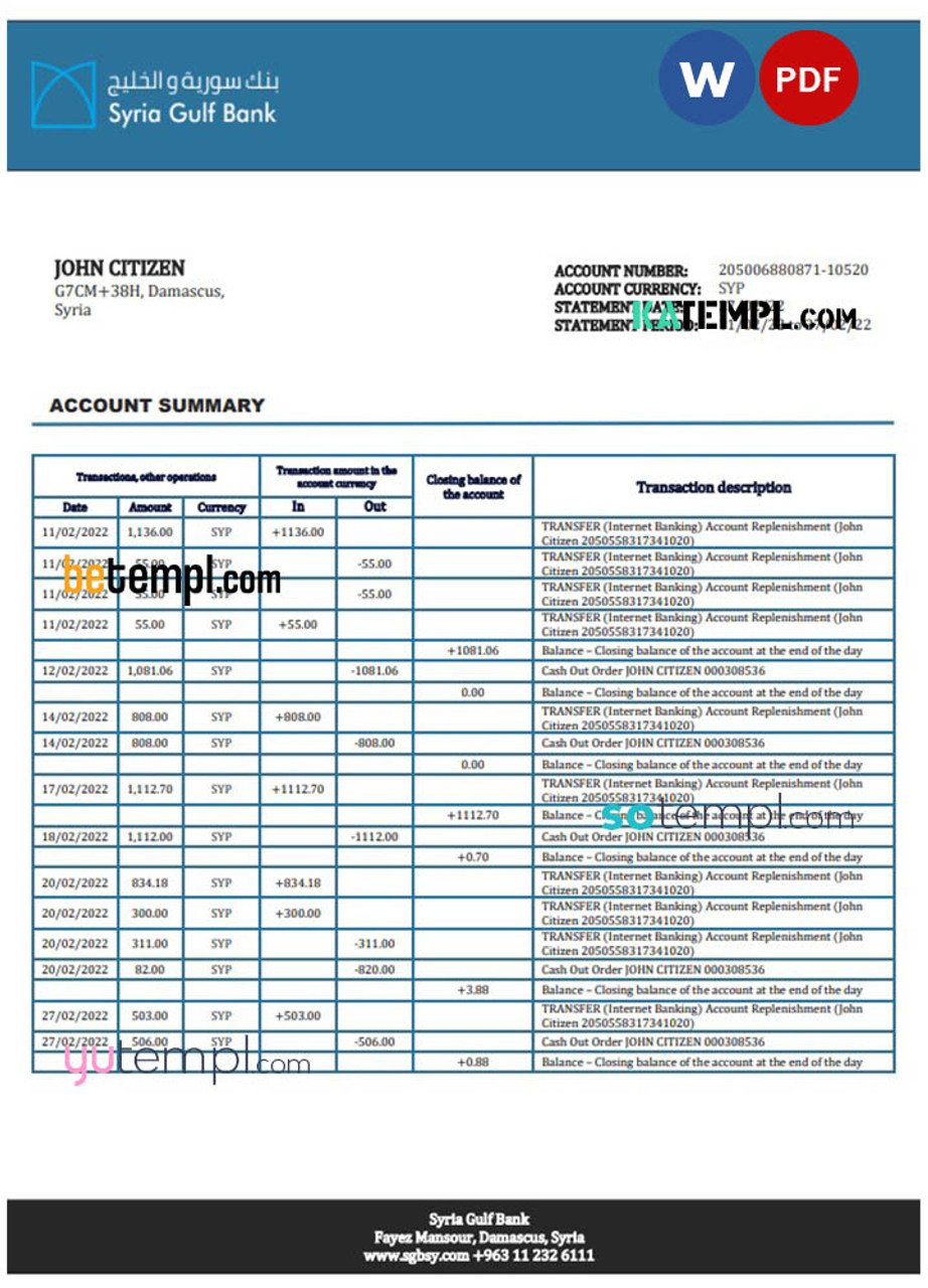 Syria Gulf Bank statement template in Word and PDF format