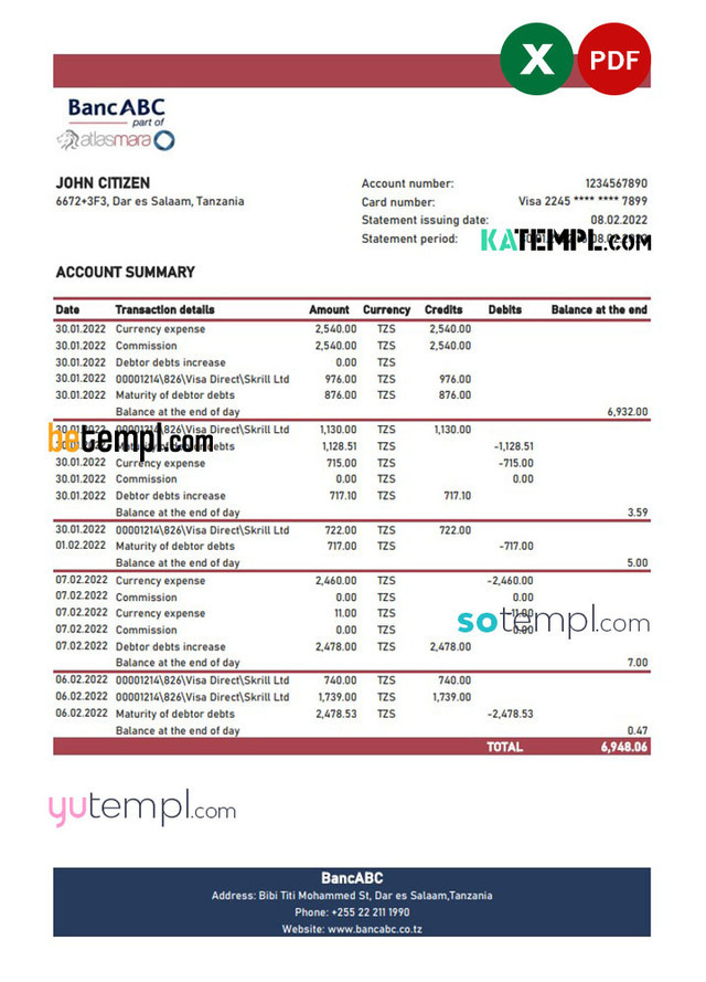 Tanzania BancABC bank statement, Excel and PDF template