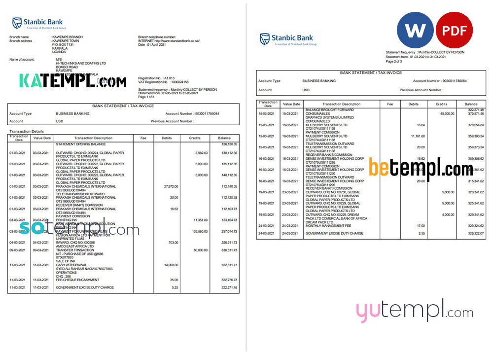 Uganda Stanbic bank statement template in Word and PDF format (3 pages)